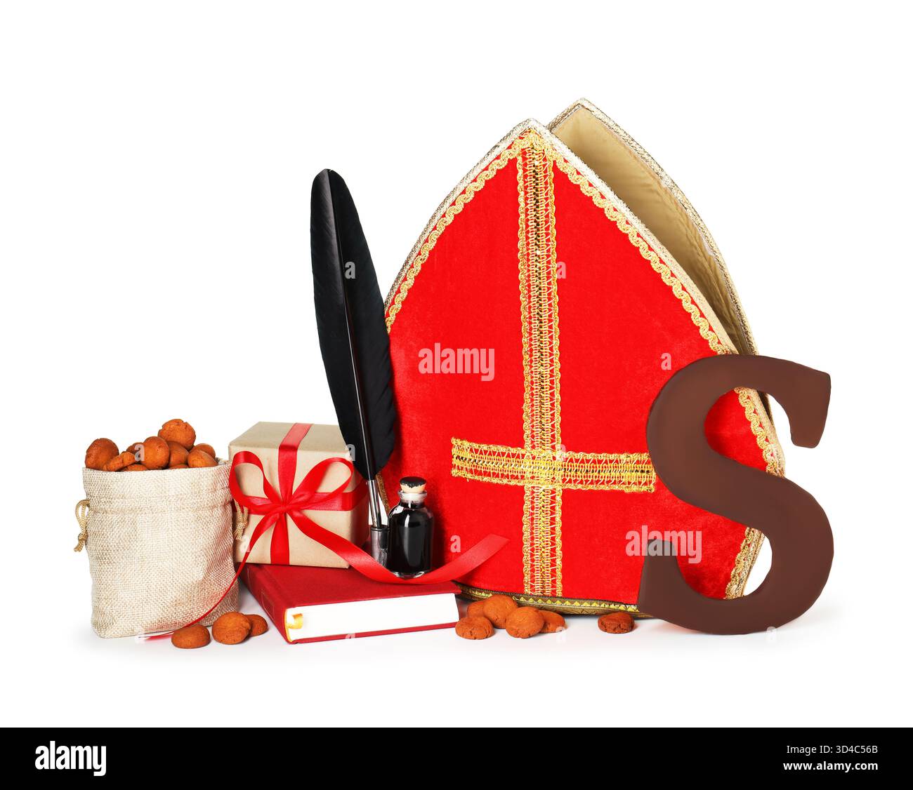 Saint Nicholas (Sinterklaas) day. Red mitre, book, feather, inkwell and ...