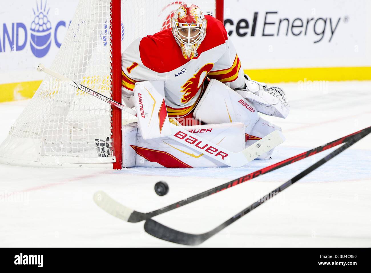 Calgary Flames goaltender Devin Cooley watches the puck during the ...