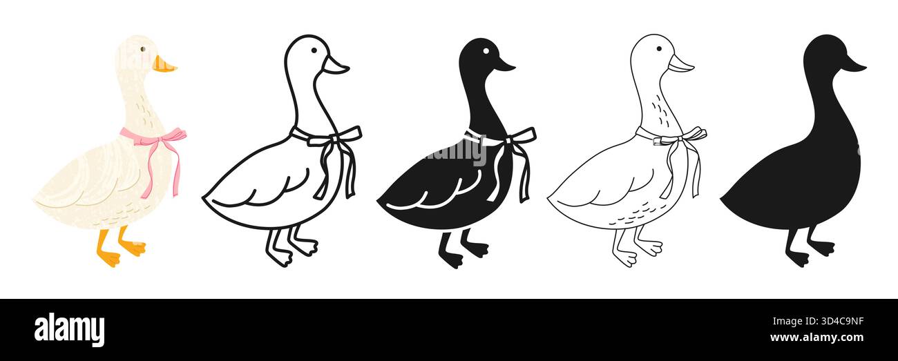 Goose with ribbon symbol cartoon set. Cute adorable farm poultry bird ...