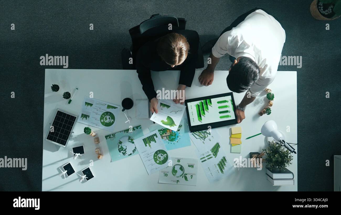 Top down view of business man presenting sustainable idea to manager by ...