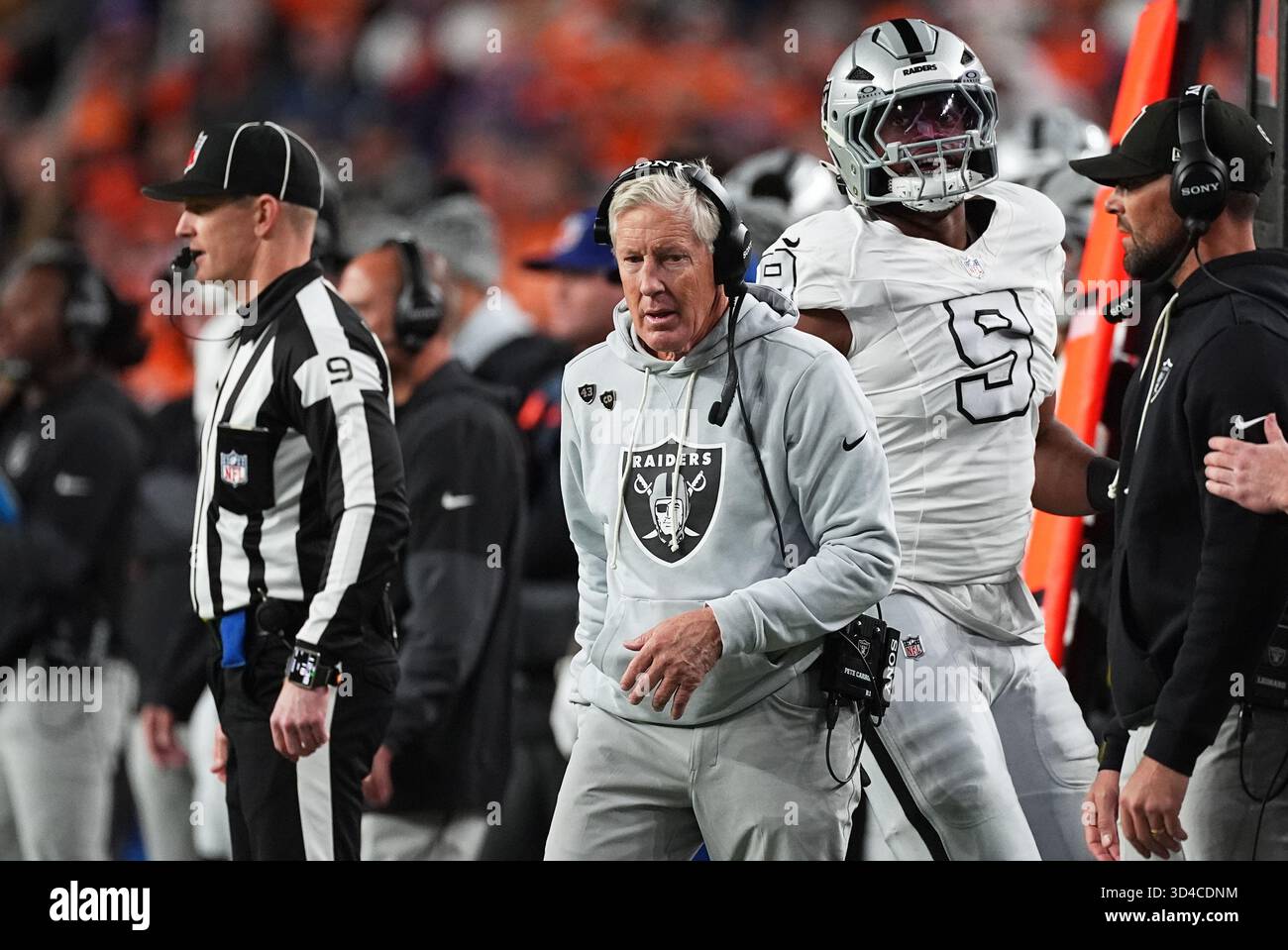 Las Vegas Raiders head coach Pete Carroll in the first half of an NFL ...