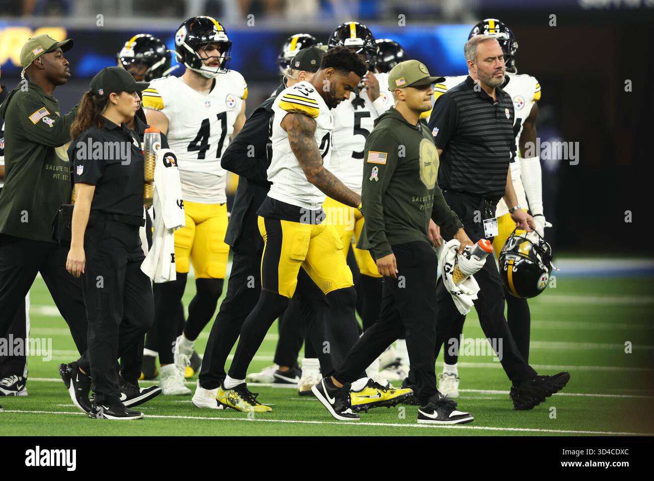 Pittsburgh Steelers cornerback Darius Slay (23) leaves the field to be ...