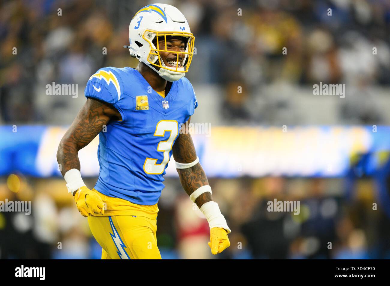 Los Angeles Chargers safety Derwin James Jr. (3) reacts during an NFL ...
