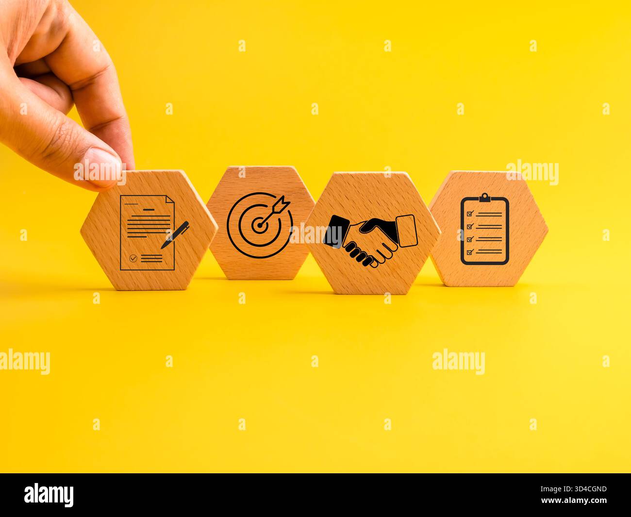 Business agreement concept with icons of contract signing, goal setting ...