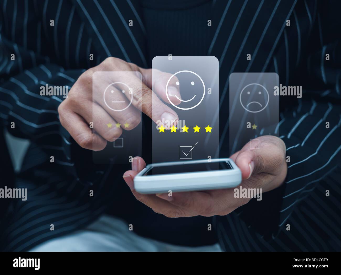 Close-up hand giving five-star rating on smartphone with satisfaction ...