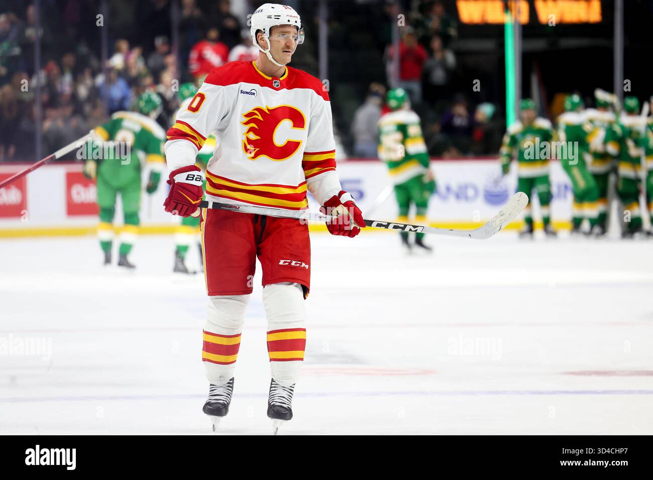 Calgary Flames left wing Jonathan Huberdeau reacts after the Minnesota ...