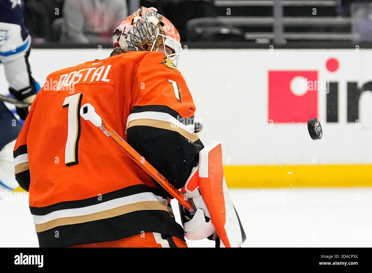 Anaheim Ducks goaltender Lukas Dostal deflects a shot during the second ...