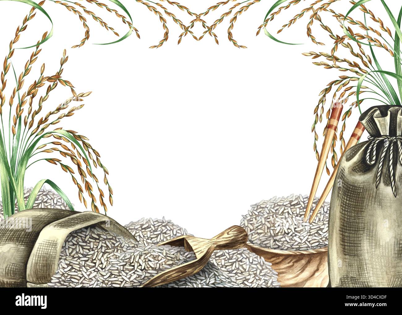 Frame with rice, sack, wooden bowl, rice stalks, and a wooden scoop ...