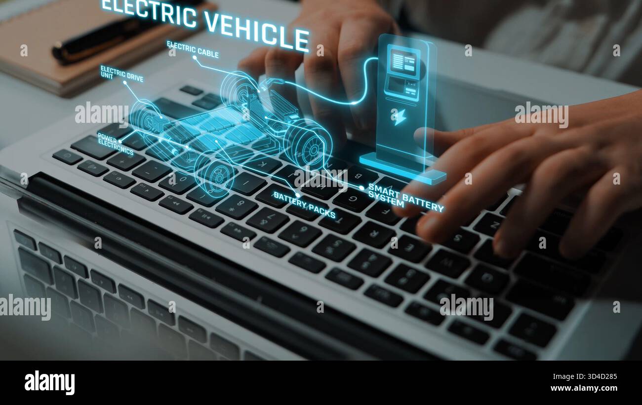 Structure of electric car showing battery system, traction motor ...