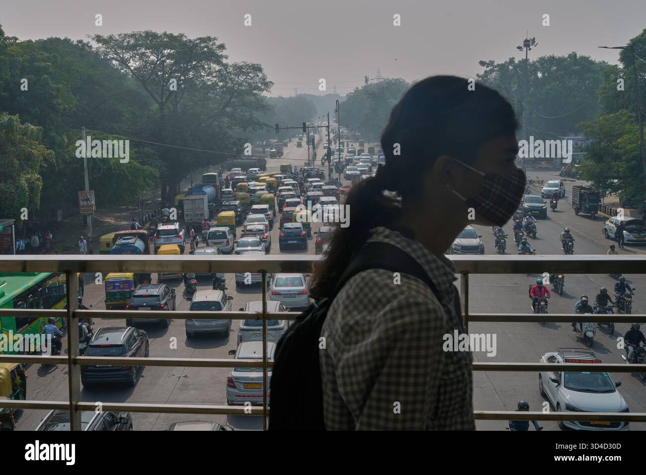 A school girl wearing a face mask to fight air pollution walks across a ...