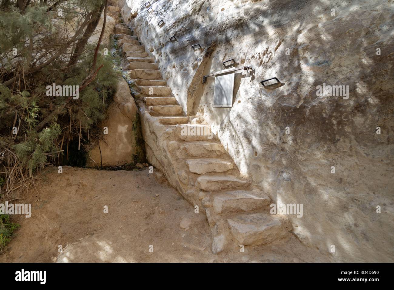 Stone staircase carved into the rocky cliffs of Ein Avdat National Park ...
