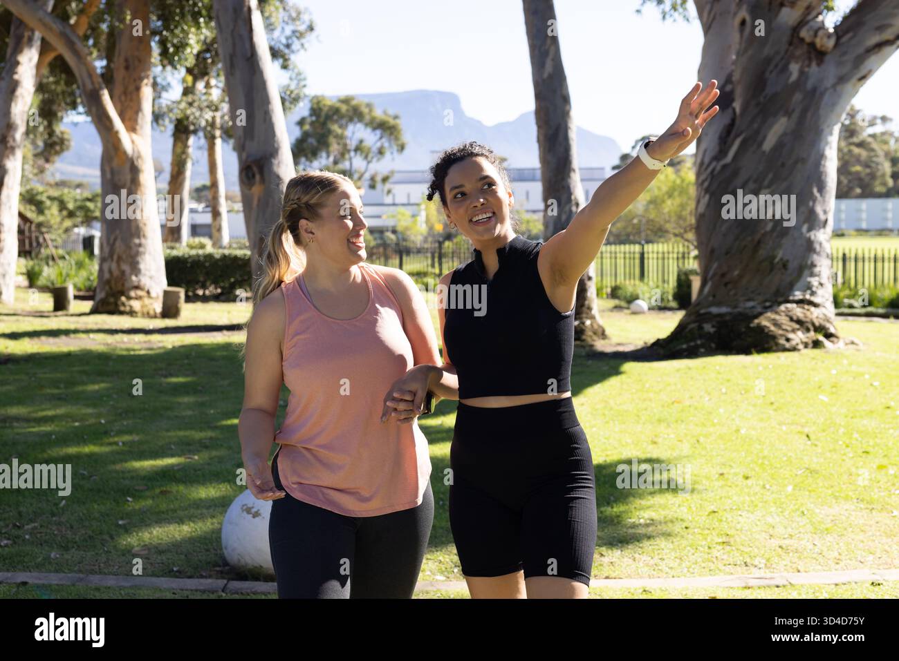 Walking diverse female friends linking arms in park, with concrete ...