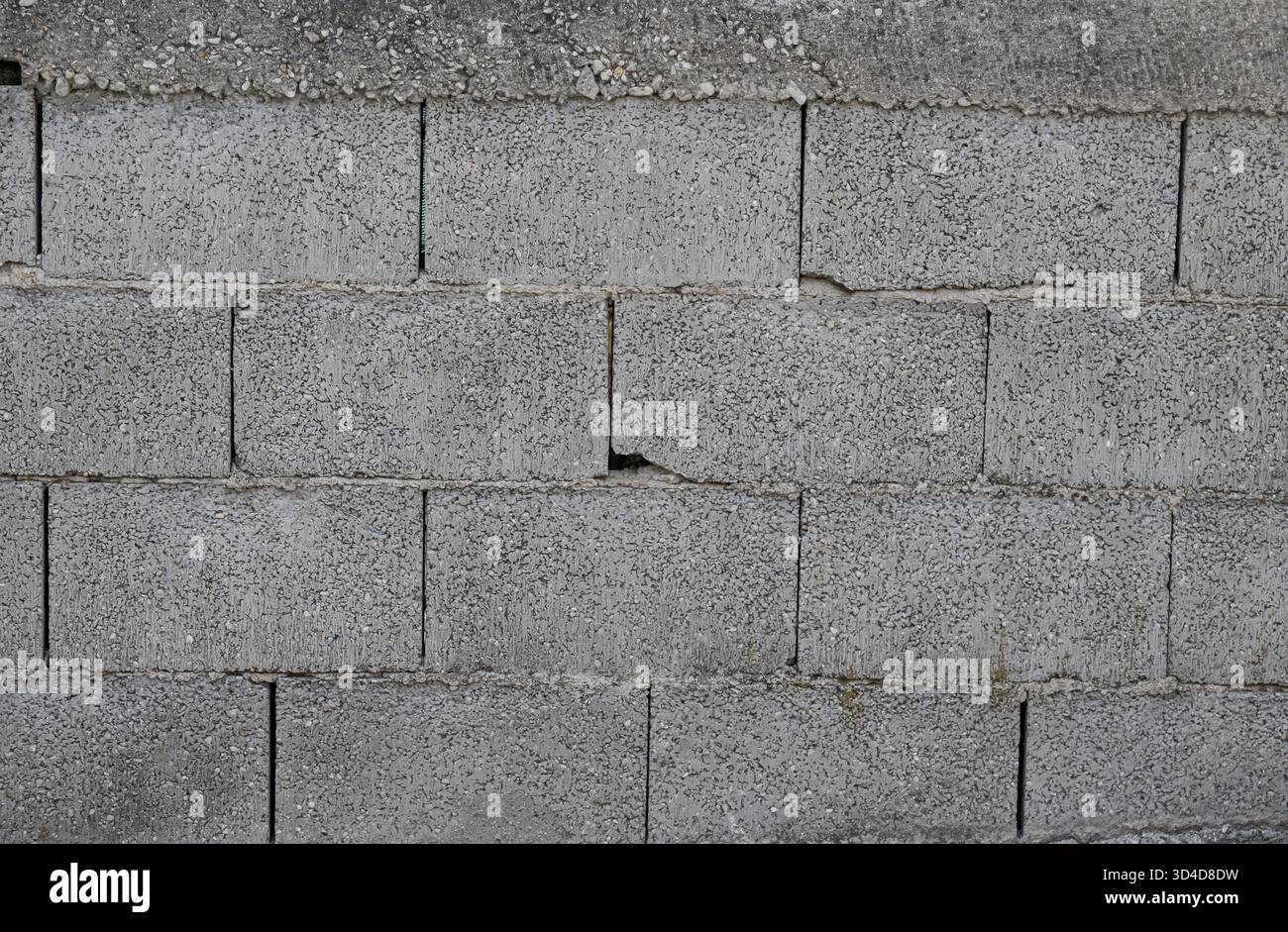 A concrete wall displays a pattern of rough, weathered blocks ...