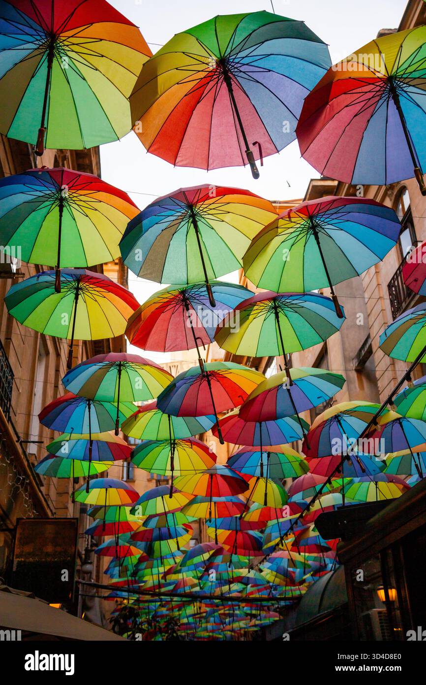 A collection of brightly colored umbrellas hangs overhead in a narrow ...
