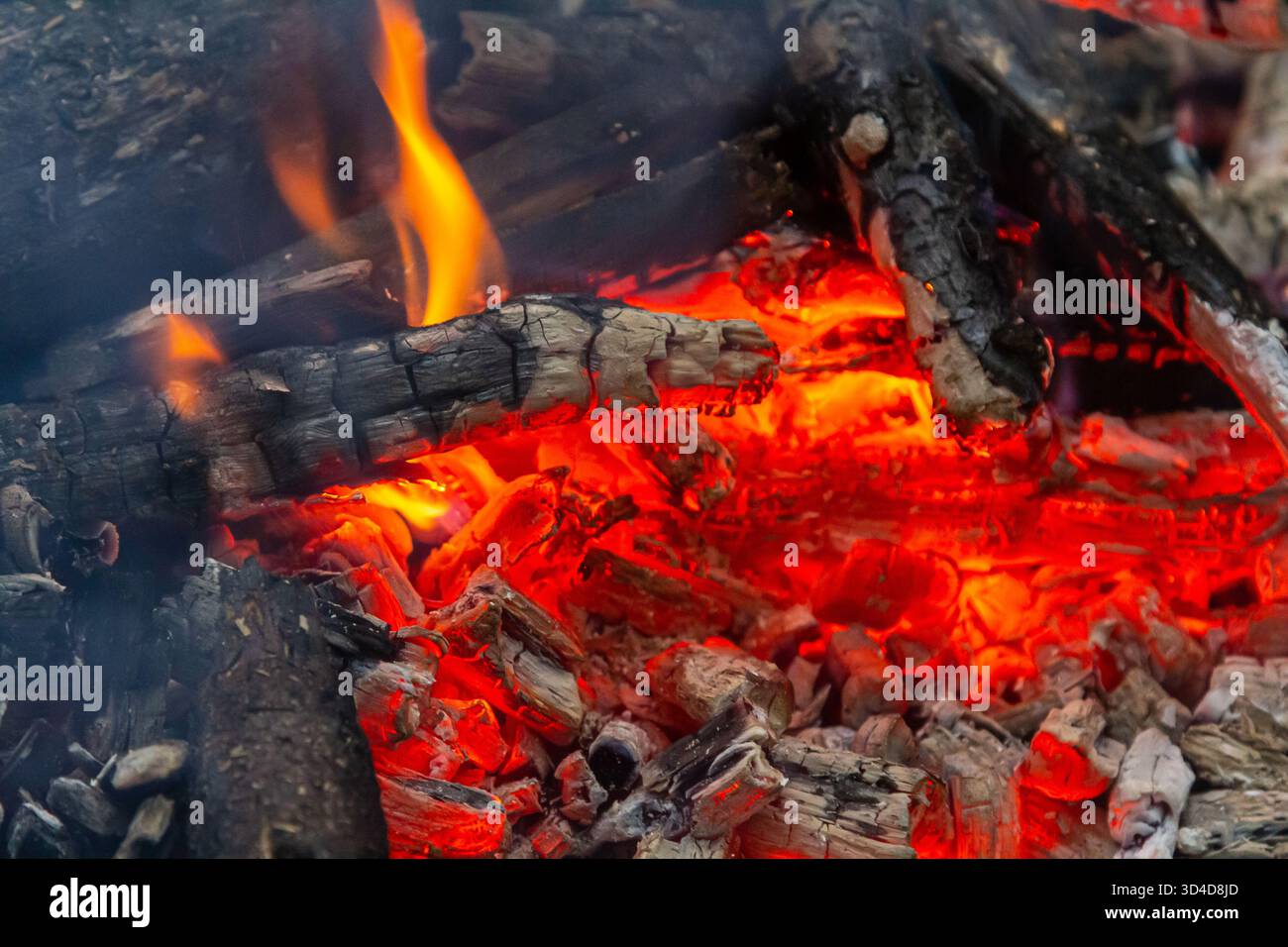 Bright orange flames rise from glowing embers surrounded by charred ...