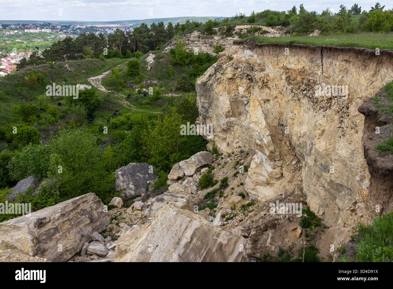 A significant landslide exposes a rocky cliff adjacent to lush ...