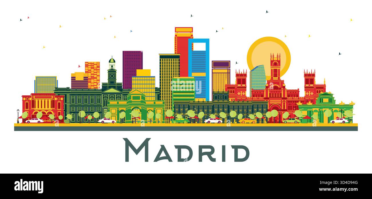 Madrid Spain City Skyline with Color Buildings isolated on white ...