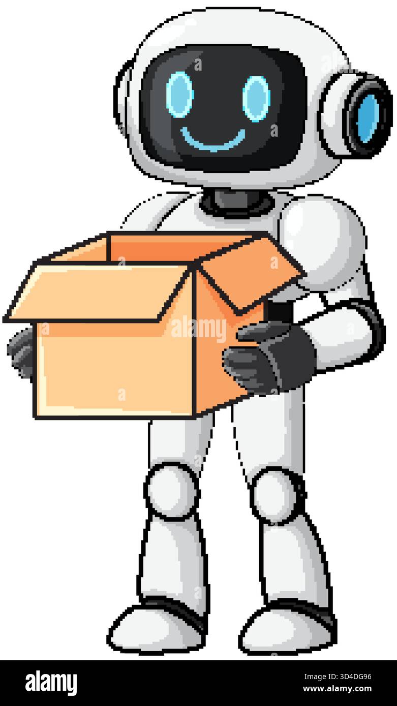 Friendly humanoid robot with a box, cartoon vector illustration, white ...