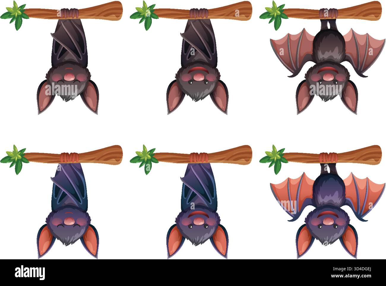 Six cute cartoon bats hanging upside down, wings open and closed, on ...