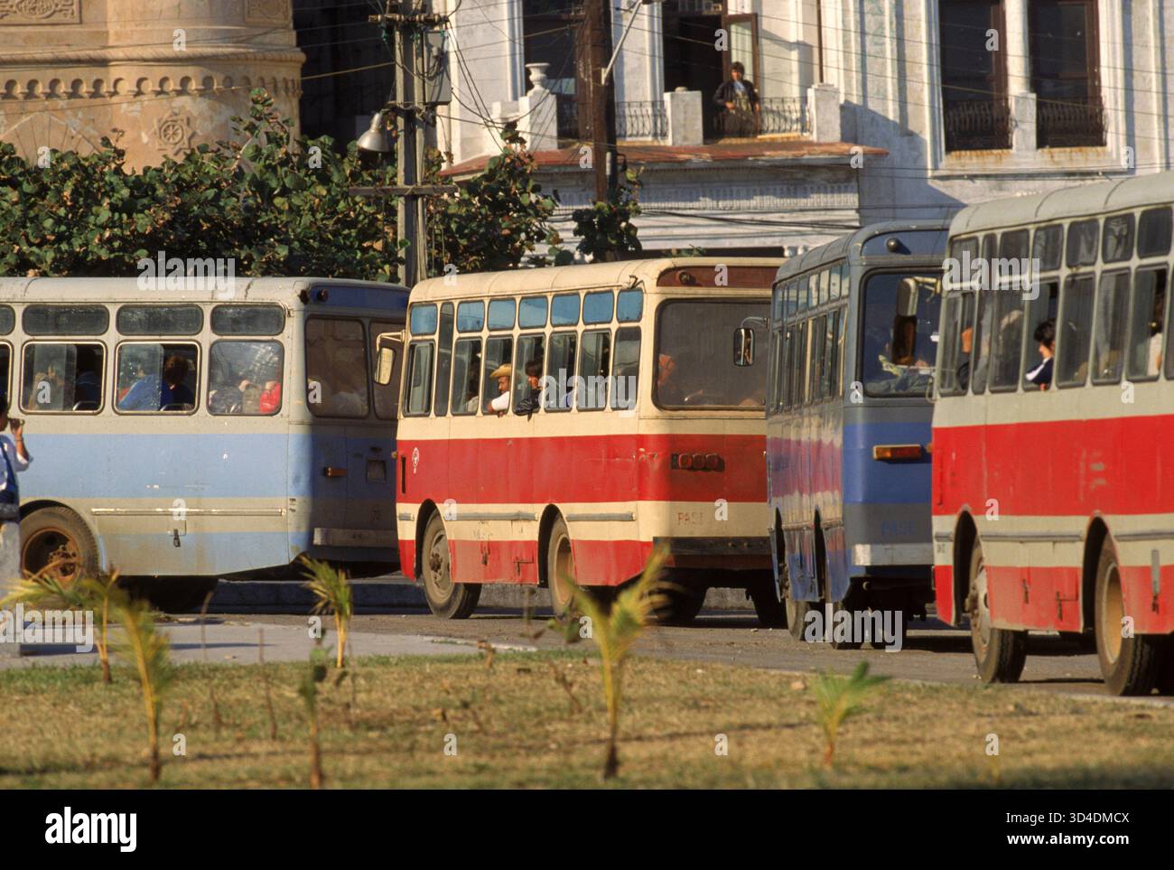 Buses line a street in Havana, Cuba to pick up volunteer farm workers ...