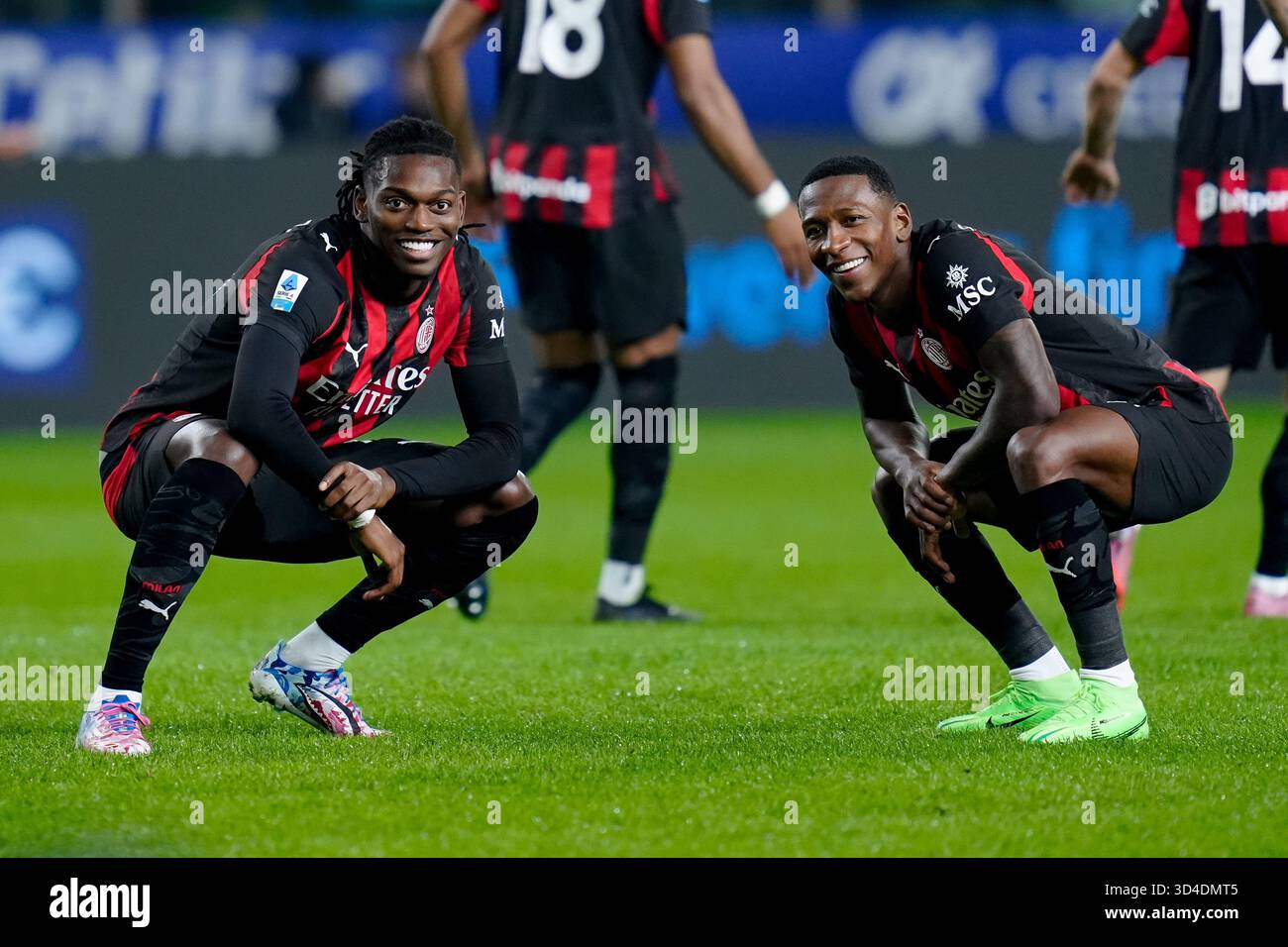 Rafael Leao of AC Milan celebrates with Pervis Estupinan after scoring ...