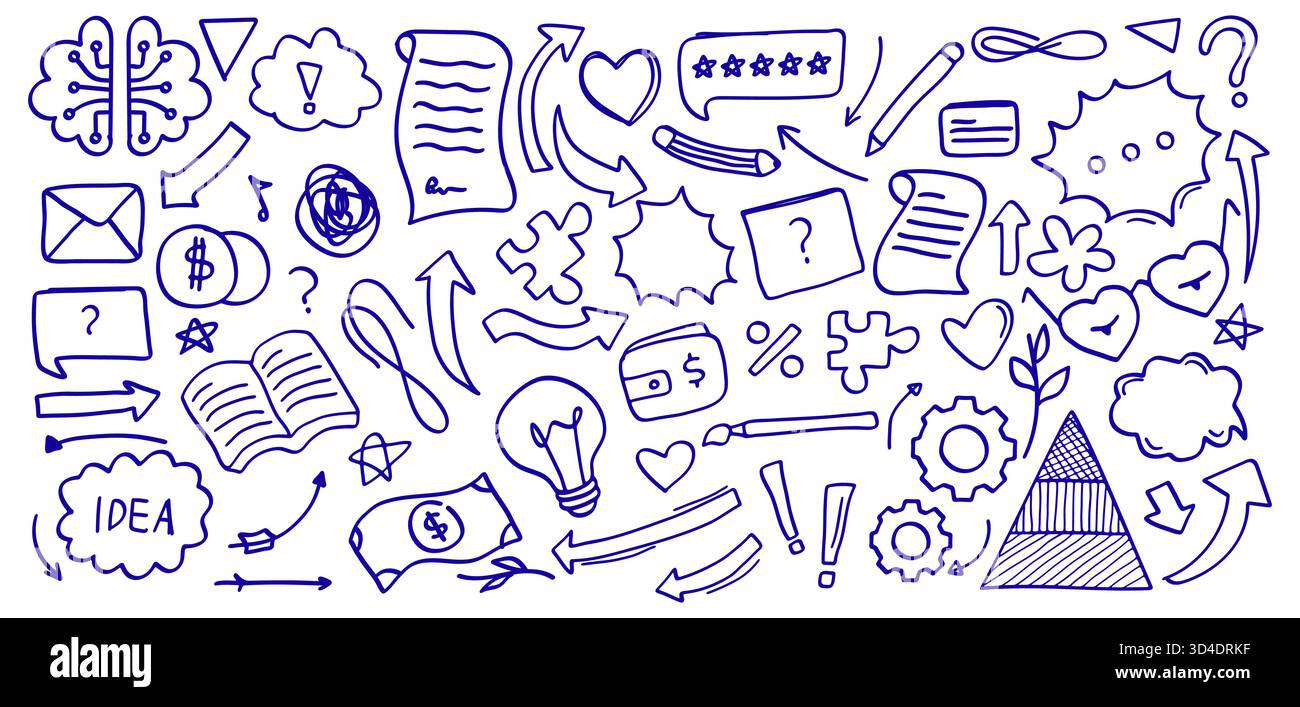 Hand Drawn Blue Doodle Ideas Thinking and Knowledge and Business Icon ...