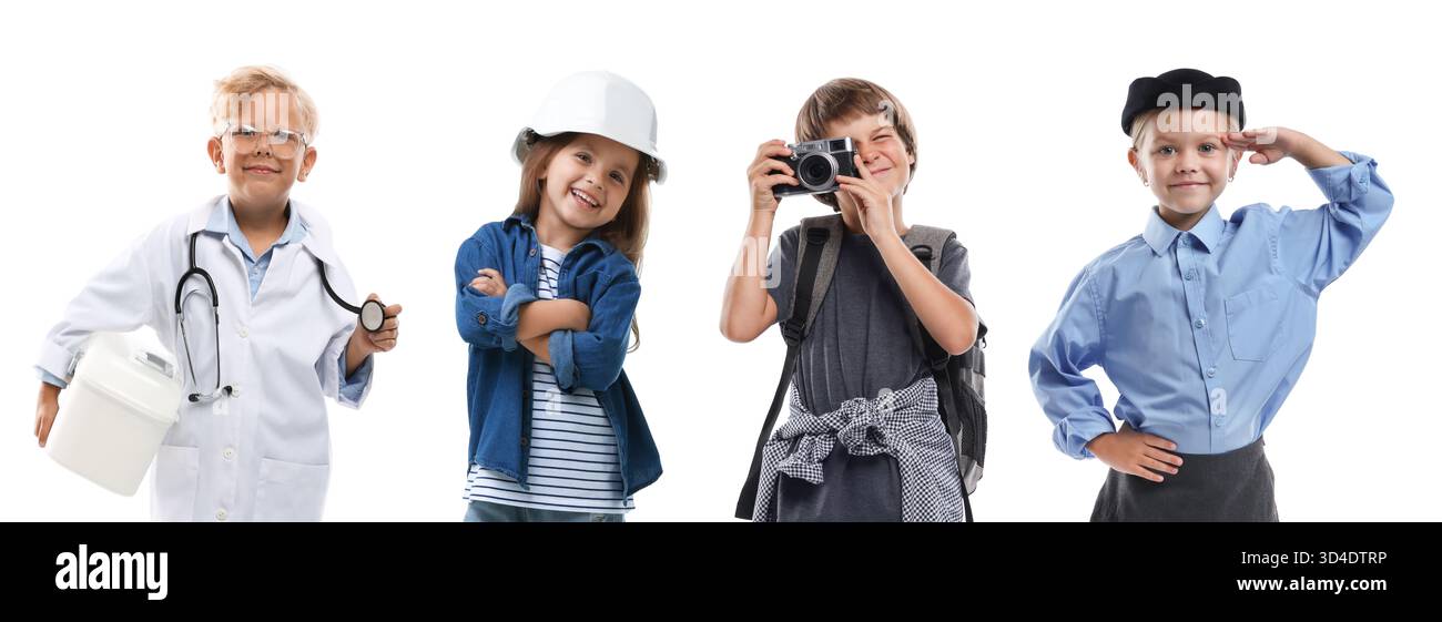 Cute children pretending themselves as workers of different occupations ...