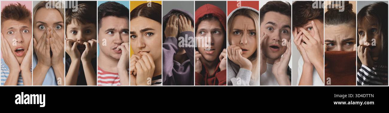 Scared and anxious people, collage of photos. Banner design. Concept of ...