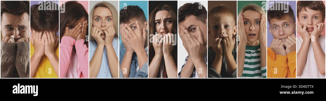 Scared and anxious people, collage of photos. Banner design. Concept of ...