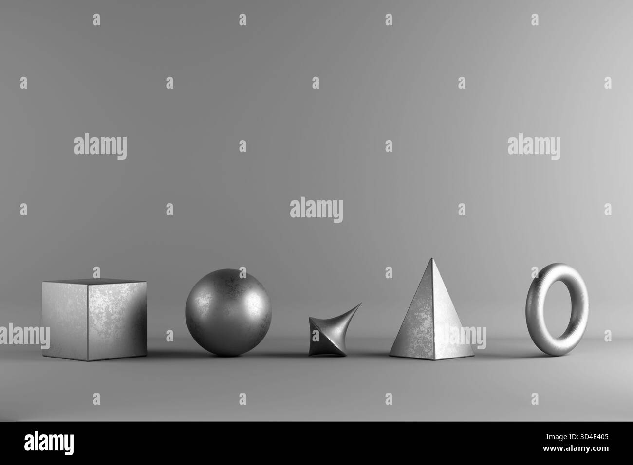 Five metallic 3D shapes — cube, sphere, spike, pyramid, and torus — are ...