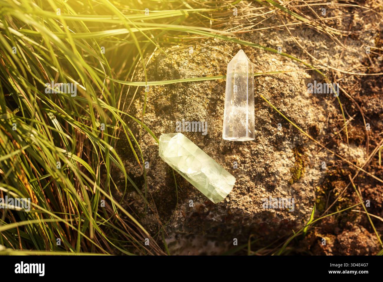 Aura. Beautiful healing crystals on stone outdoors, top view Stock ...