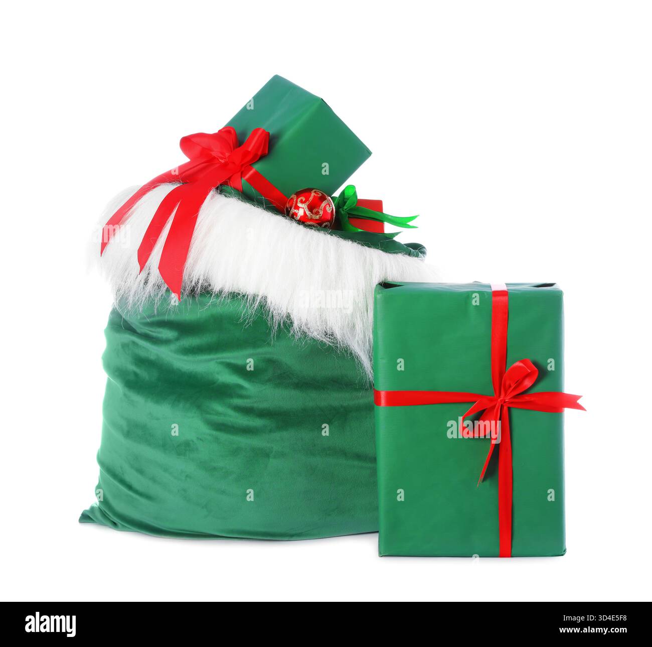 Green Santa Claus bag with Christmas gifts and bauble isolated on white ...