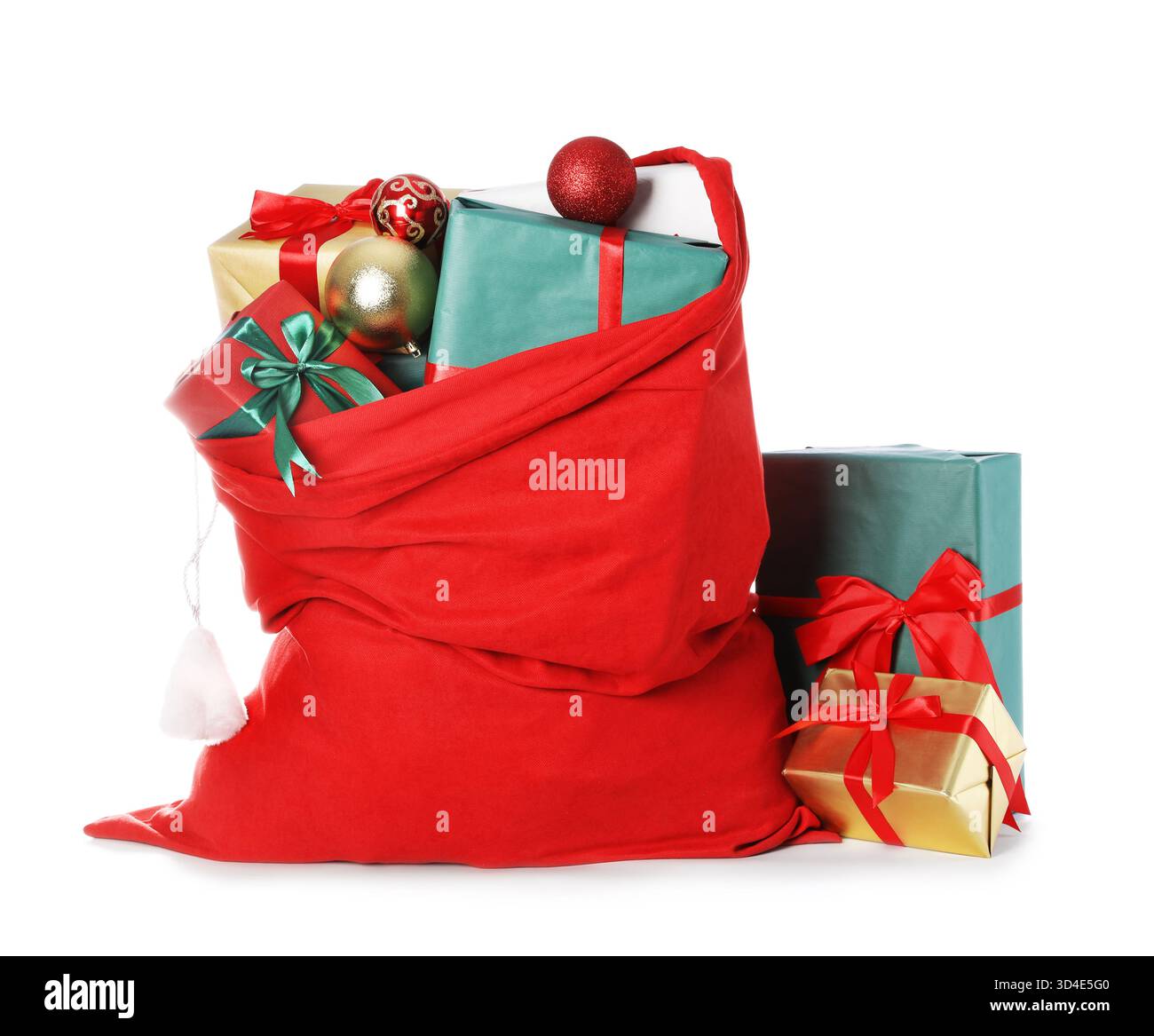 Red Santa Claus bag with Christmas gifts and baubles isolated on white ...