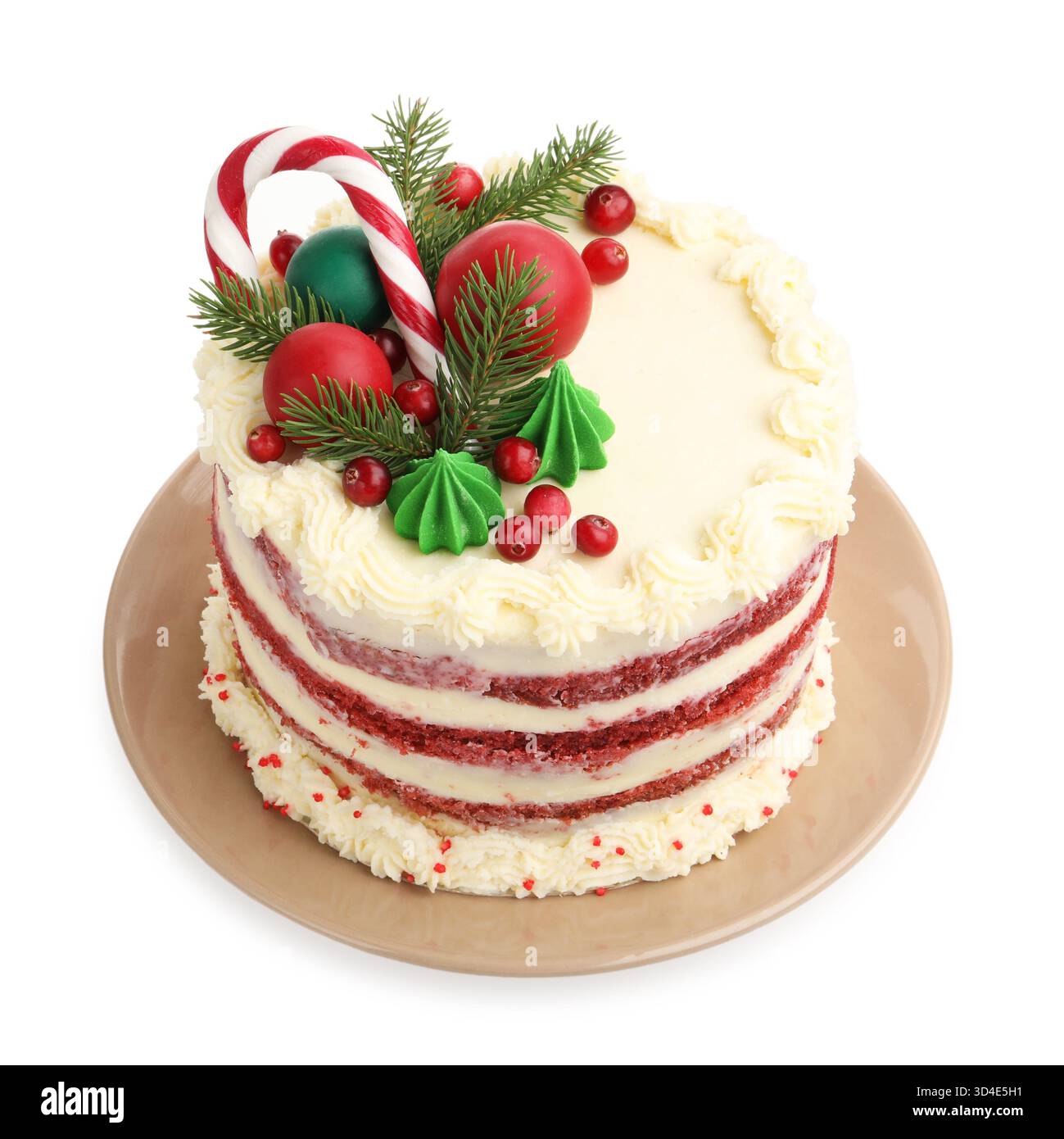 Tasty cake with Christmas decor isolated on white Stock Photo - Alamy