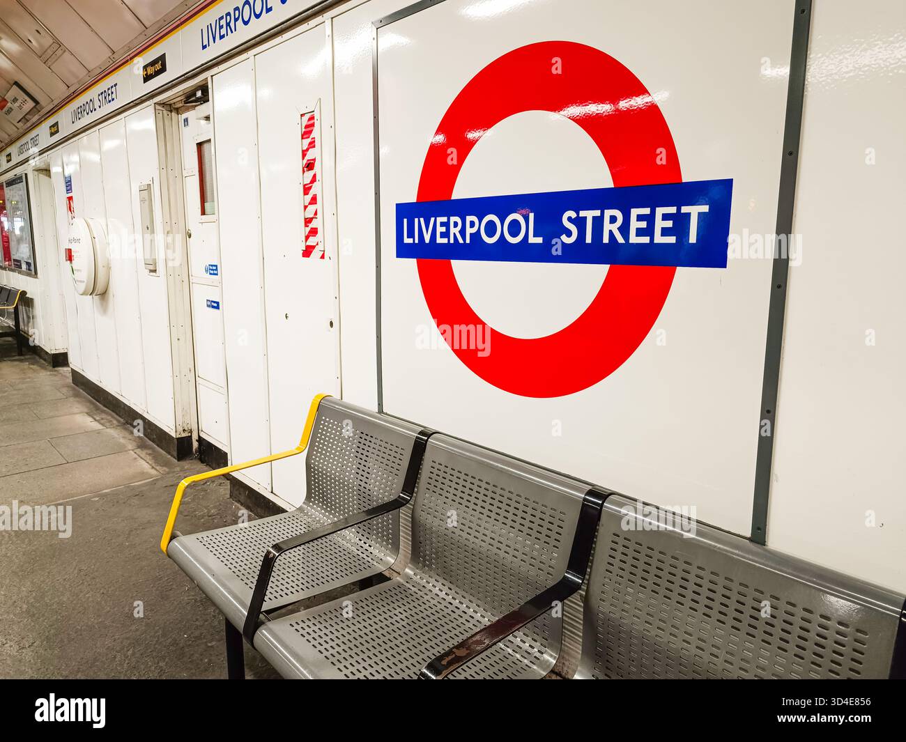 Liverpool Street Tube station sign, the classic red and blue roundel of ...