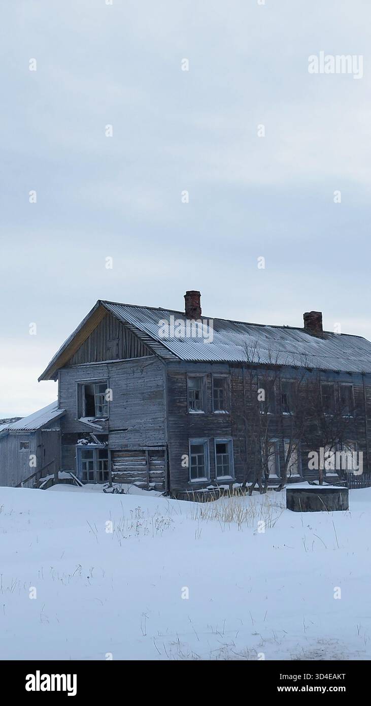 Abandoned building in Teriberka, Russia, seen in daylight. Remote ...