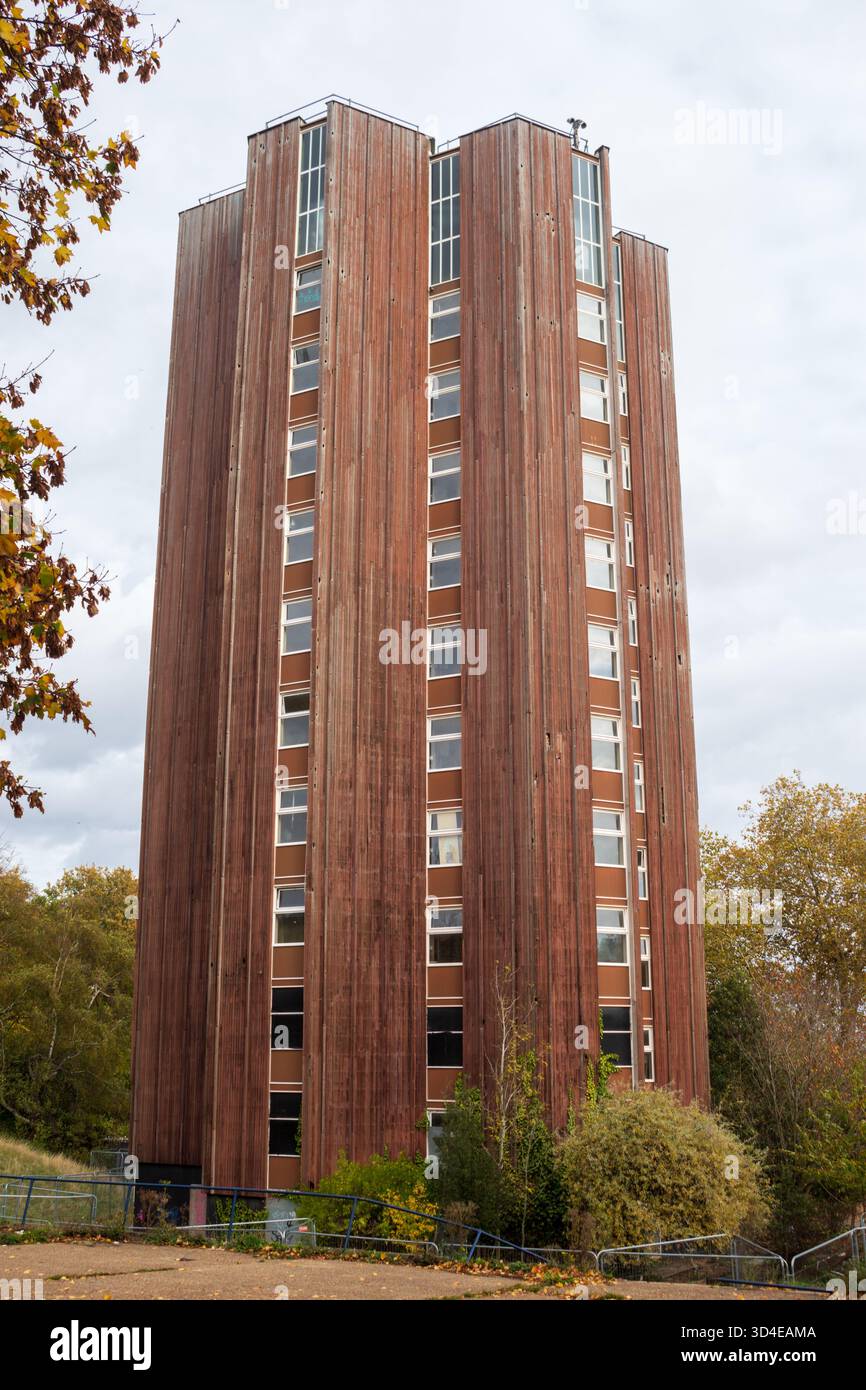 The Lodge, an Eleven storey hexagonal, timber covered tower block ...