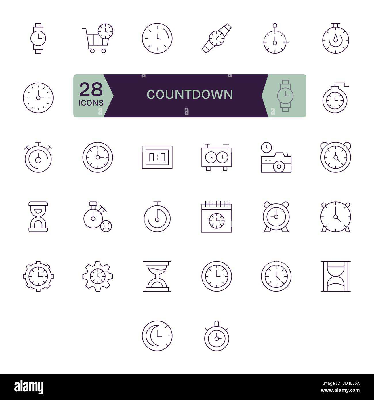 Maintain brand alignment using 32 Thin Line icons inspired by Countdown ...