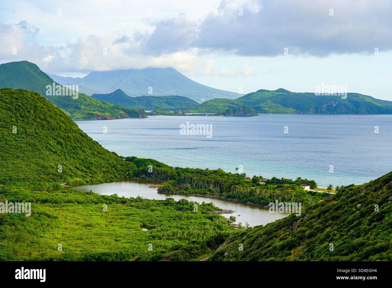 Nevis Peak and South Friars Bay on the Southeast Peninsula of St Kitts ...