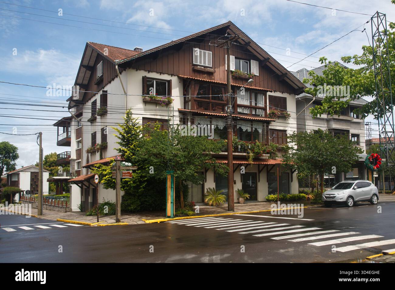 The Typical german style half-timbered buildings in downtown Gramado ...