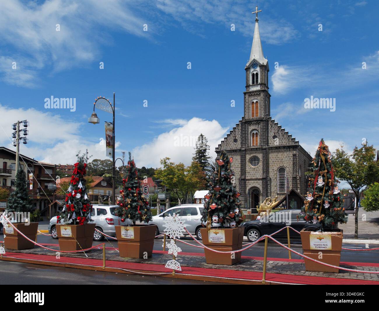The Sao Pedro stone church and christmas decoration in downtown Gramado ...