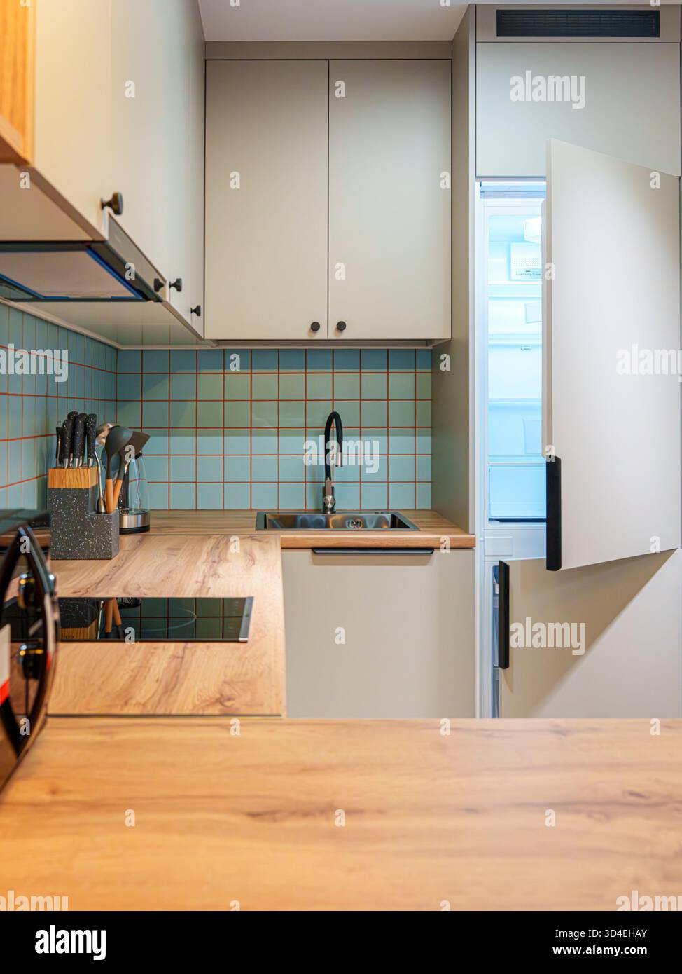 Compact Modern Kitchen with Built In Appliances and Light Wood Finishes ...