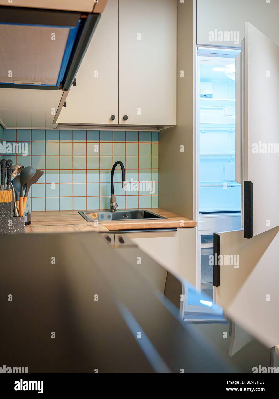 Compact Modern Kitchen with Built In Appliances and Light Wood Finishes ...