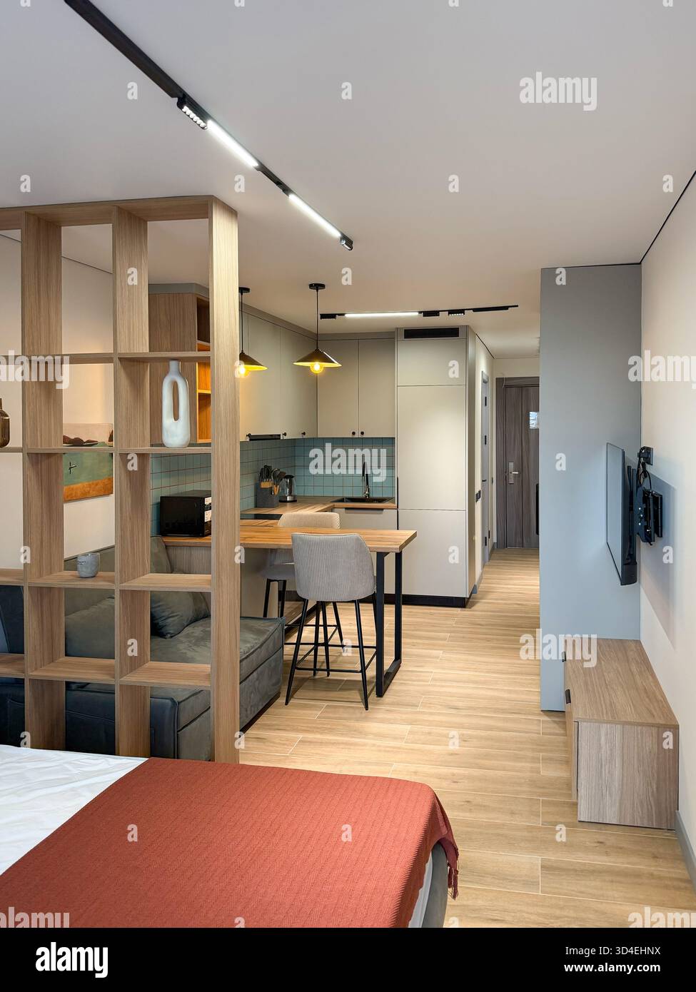 Modern Studio Apartment with Open Plan Layout and Zoned Interior Stock ...
