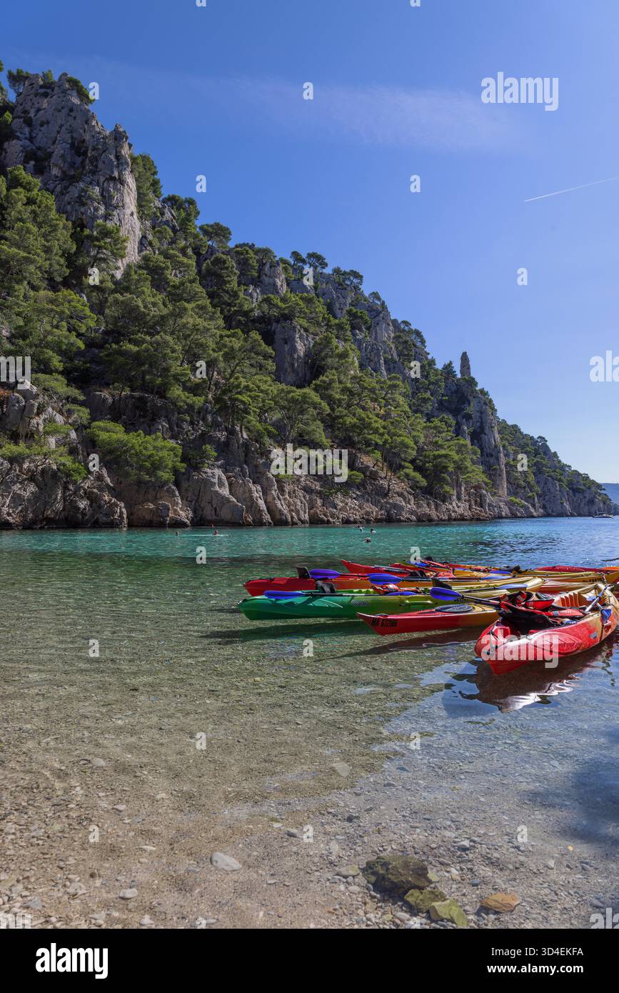 Kayaks at the beach in the Calanque d En-vau in the Calanques national ...