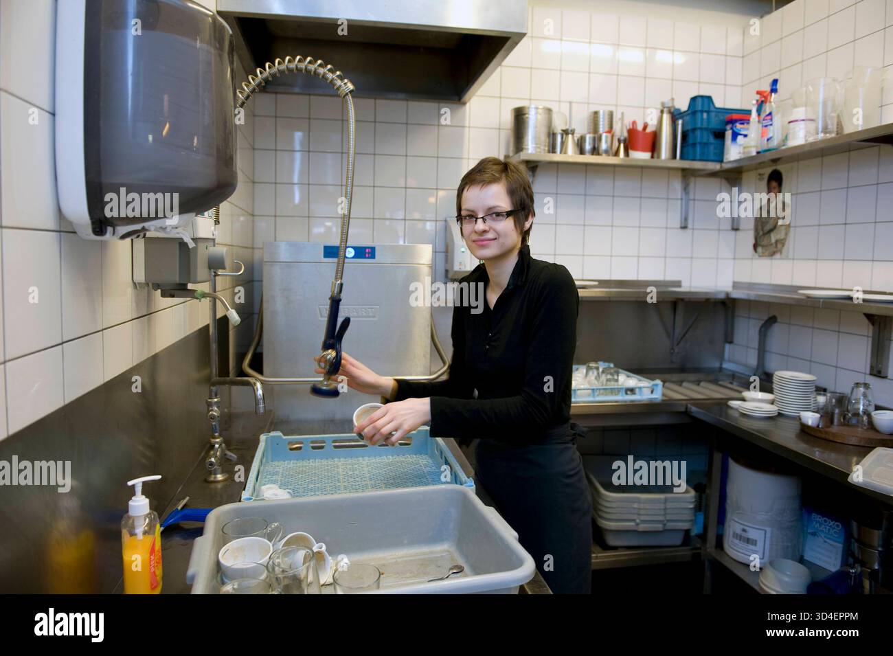 Polish Dish Washer in Restaurant. Female, Polish Dishwasher working ...