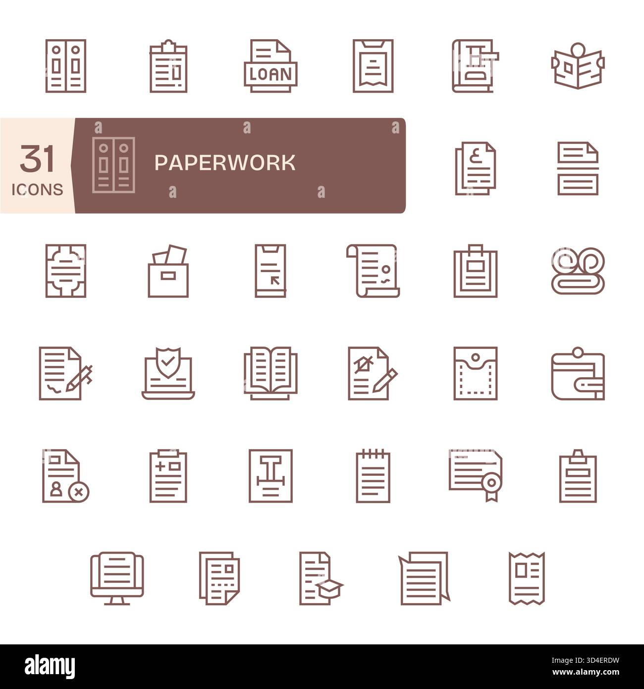 A clean collection of 35 Regular Line icons representing Paperwork ...