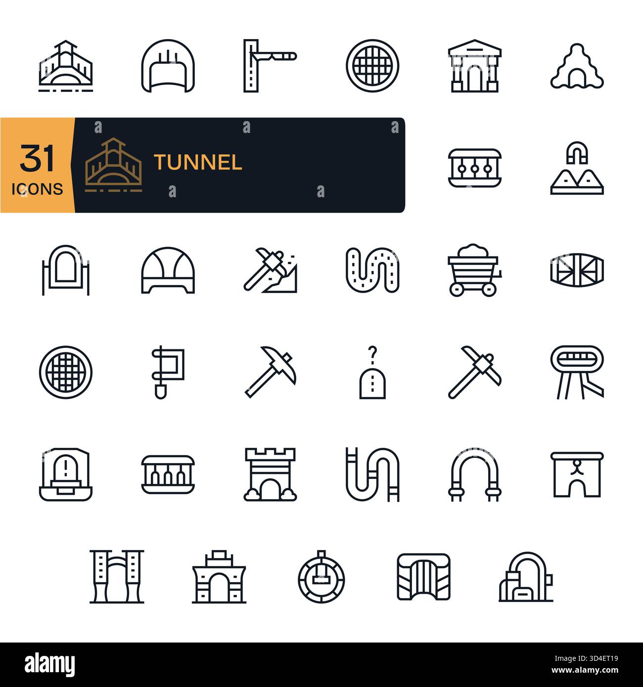 A smartly organized set of 35 Regular Line icons tied to Tunnel ...