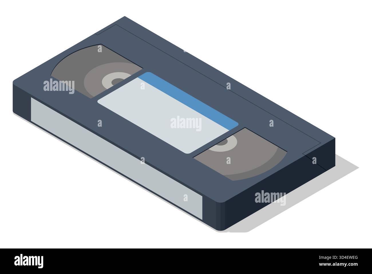 An isometric illustration of a classic VHS video cassette tape, a ...