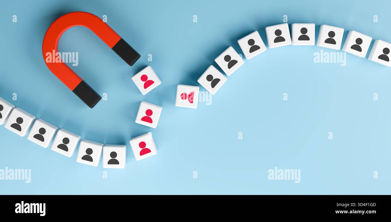 3D illustration of a red magnet attracting people icons on blue ...